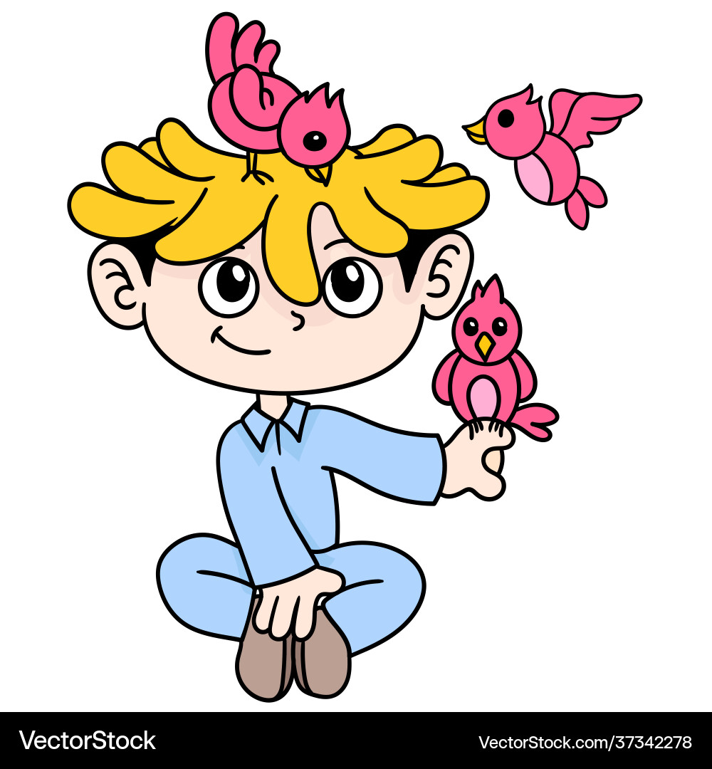 Boy happily plays with birds doodle icon Vector Image