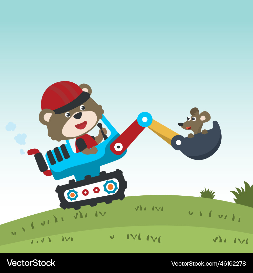 Cute little bear on a blue excavator Royalty Free Vector