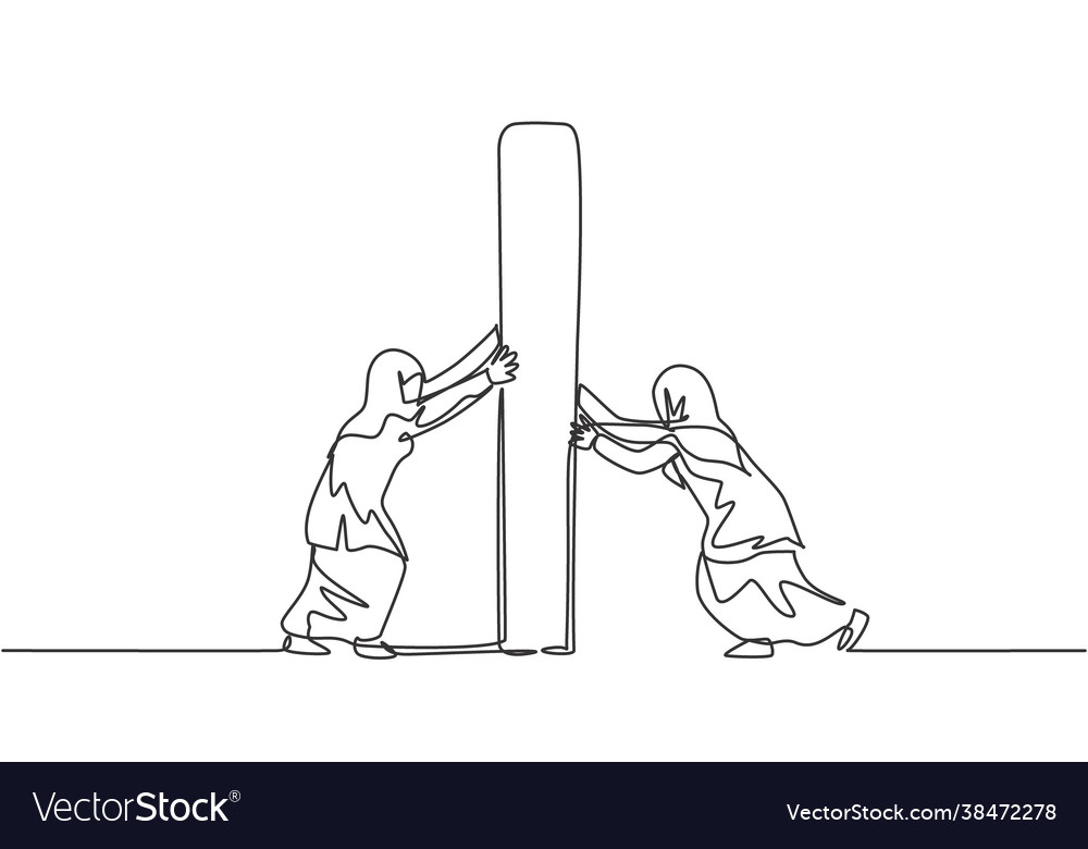 Single One Line Drawing Two Young Arabian Vector Image