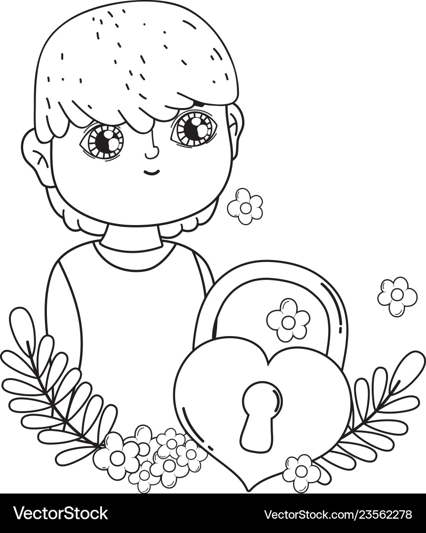 Young cute lover boy with heart padlock Royalty Free Vector