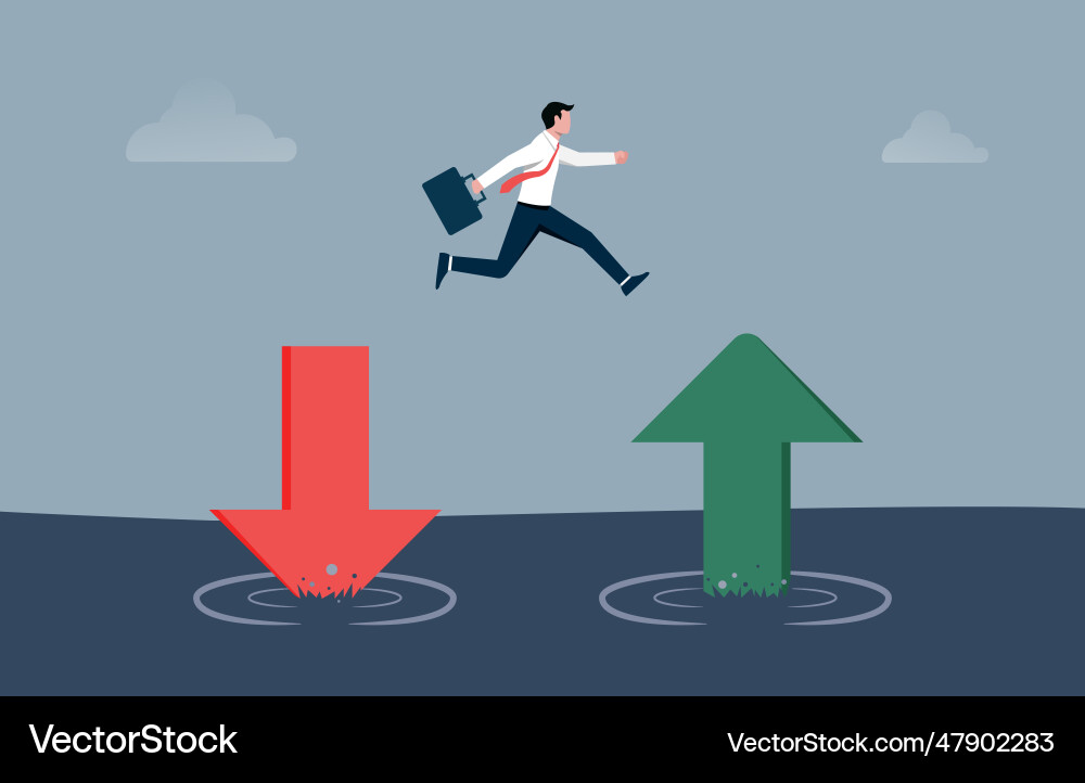 Businessman jump from red pointing down arrow Vector Image