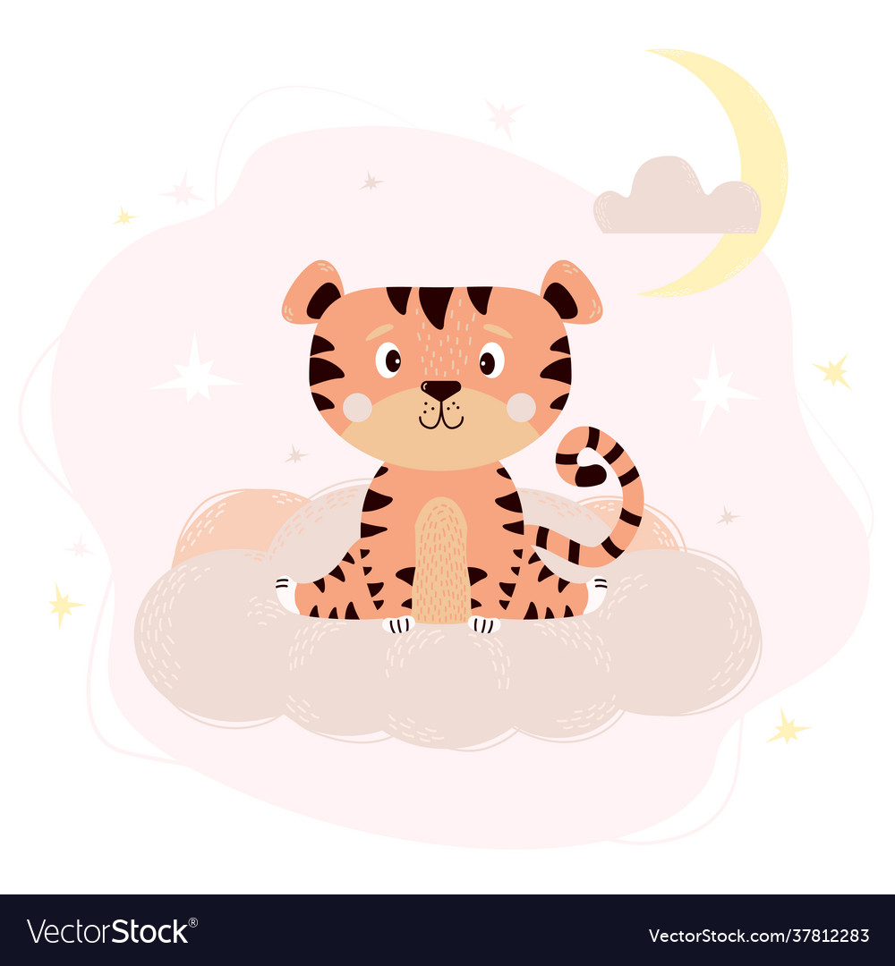 Cute tiger cub sits on a gentle pink cloud against