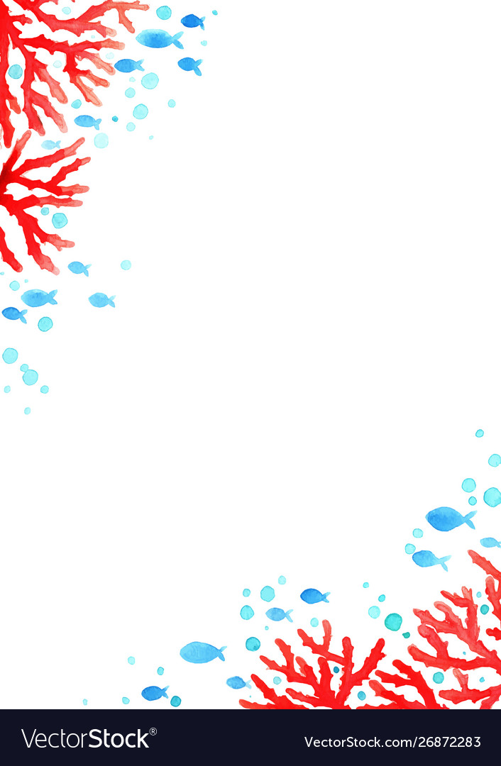 Red coral and school fish watercolor frame Vector Image