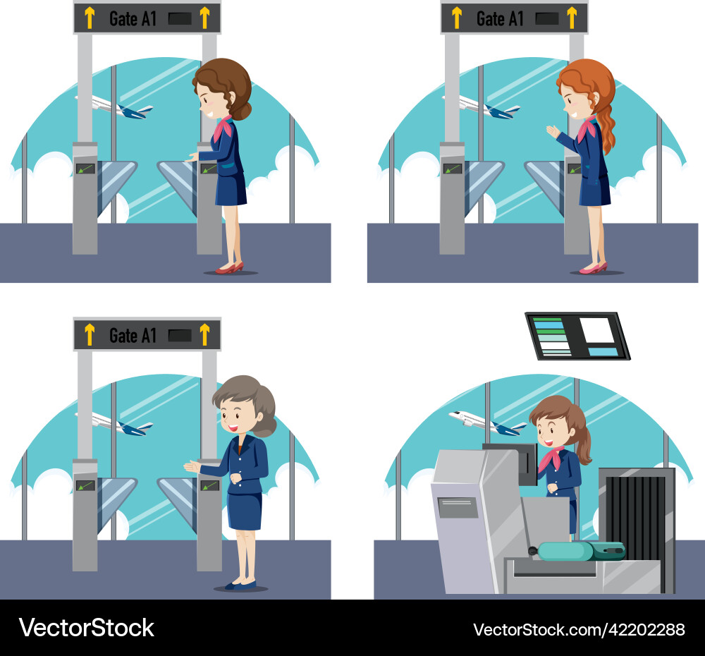 Boarding gate entrance with ground crew Royalty Free Vector