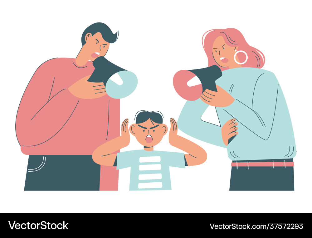 Angry dad and mom screaming through megaphones Vector Image