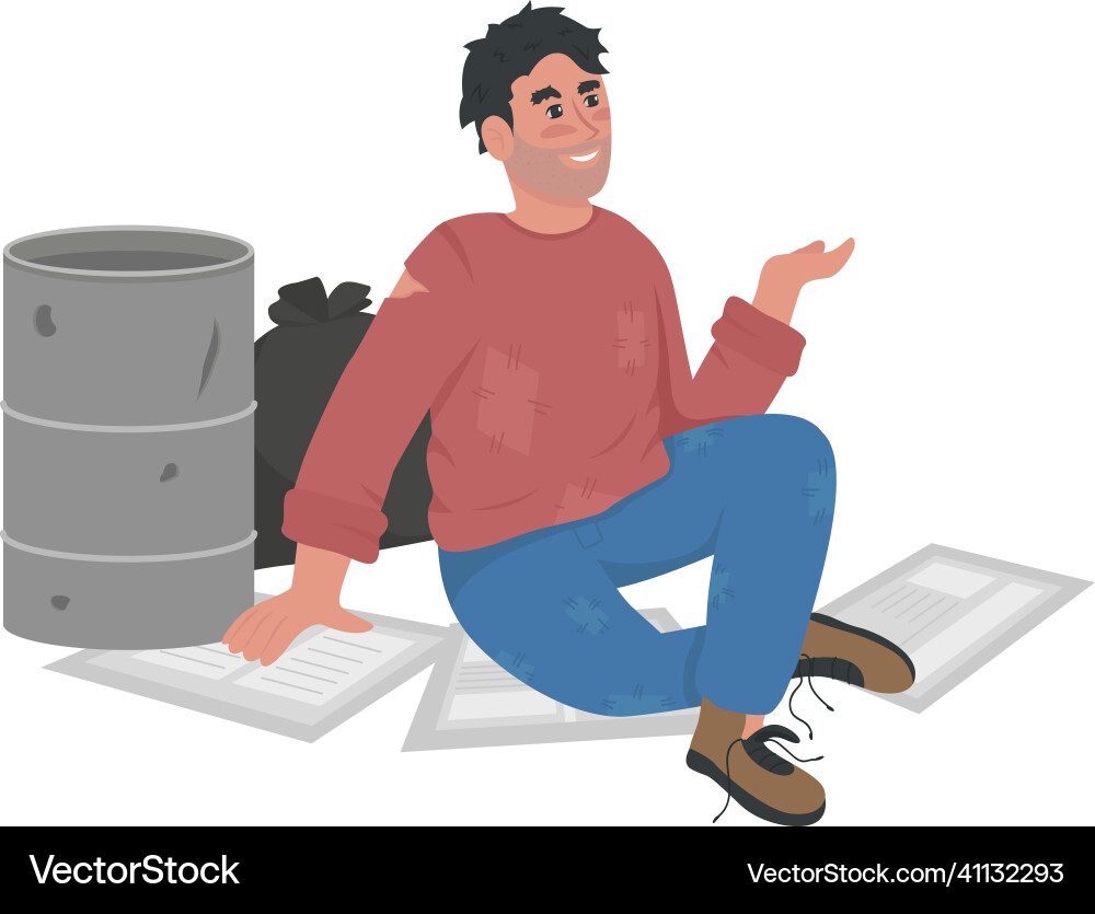Homeless man semi flat color character Royalty Free Vector