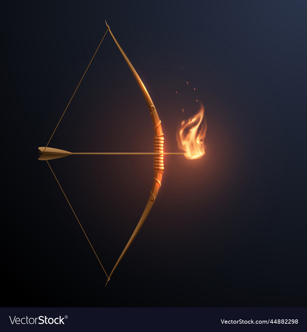 Gold bow and arrow with flame Royalty Free Vector Image