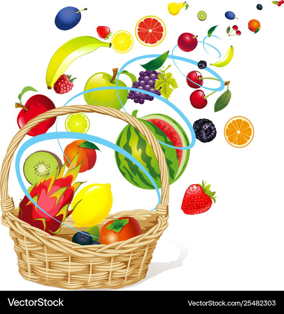 Fruits floating in a abstract windy whirlpool and Vector Image