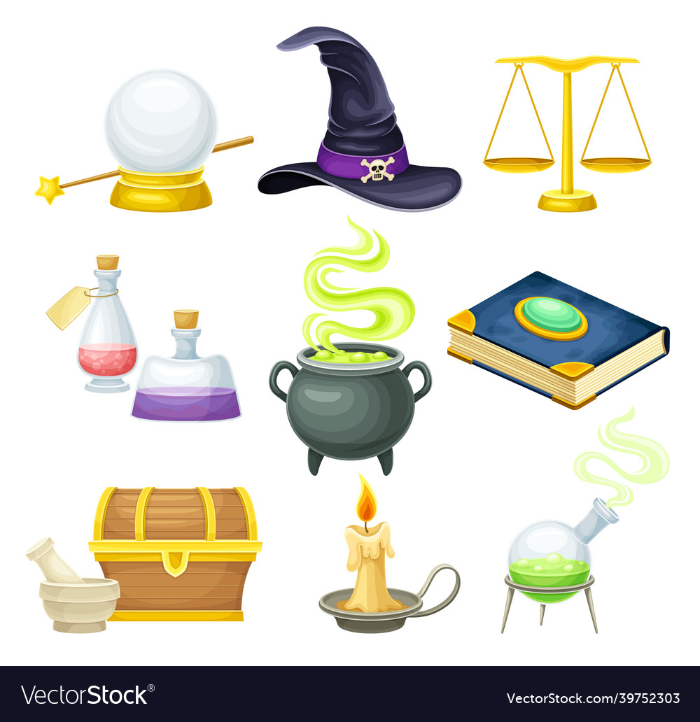 magic-objects-set-wand-glass-ball-royalty-free-vector-image