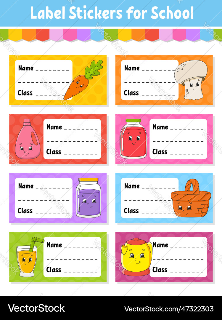 Name and class back to school labels set stickers Vector Image