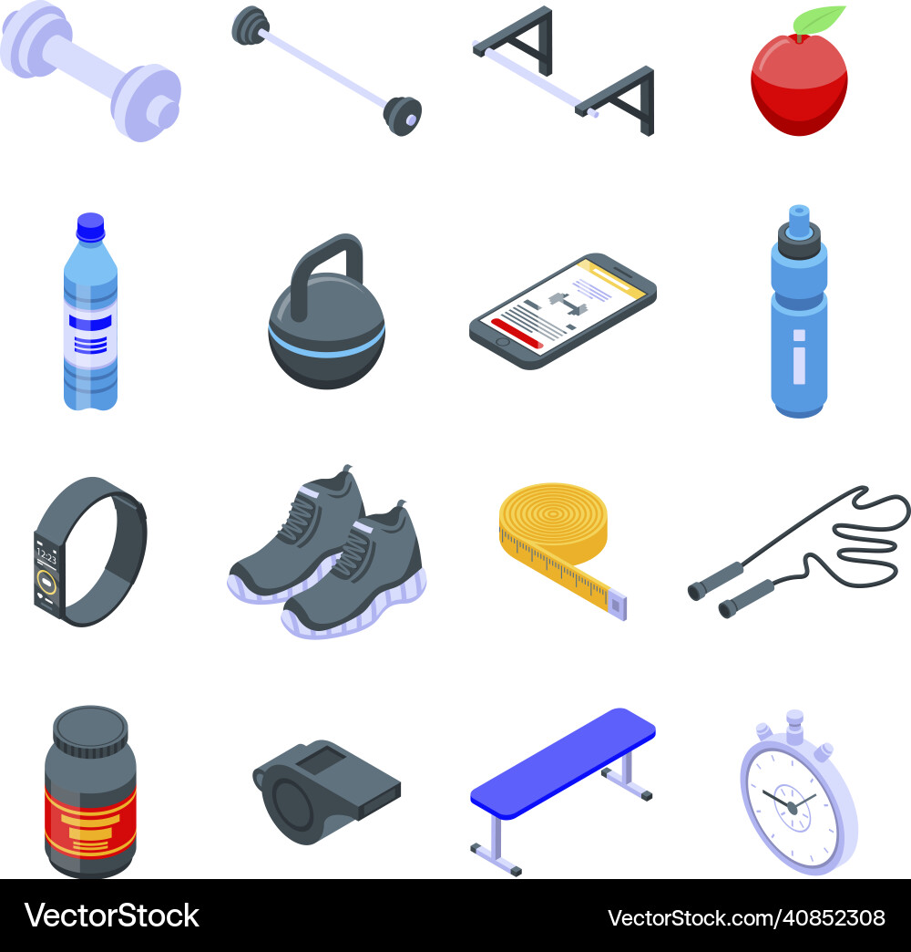 Gym time icons set isometric style Royalty Free Vector Image