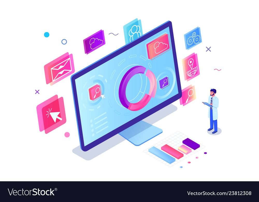 Isometric 3d engineer man with computer Royalty Free Vector