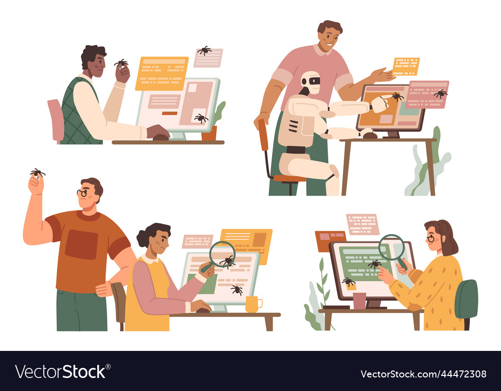 Software Testing And Repair Engineers Cartoon Set Vector Image