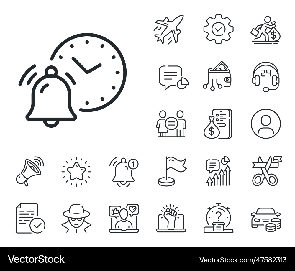 Alarm clock bell line icon time reminder sign Vector Image