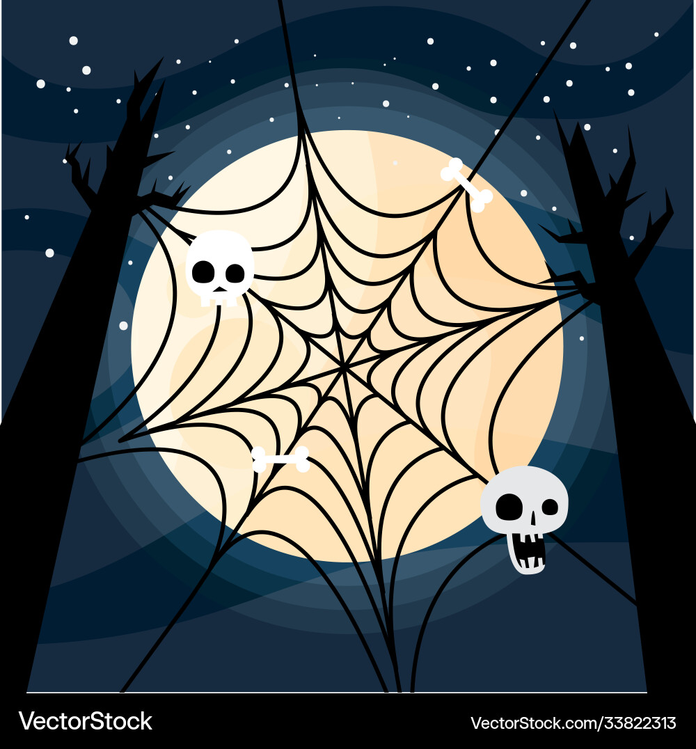 Halloween spiderweb with skulls at trees Vector Image