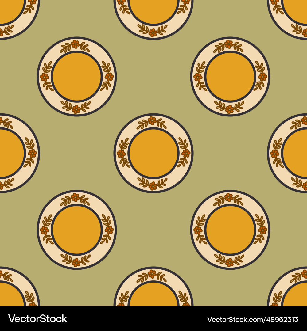 Seamless pattern with vintage plates on green Vector Image
