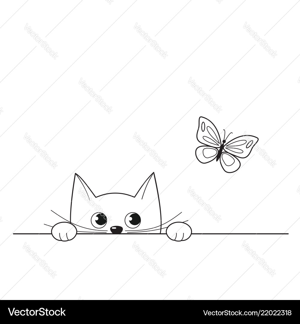 Cute peeking kitten watching a butterfly Vector Image