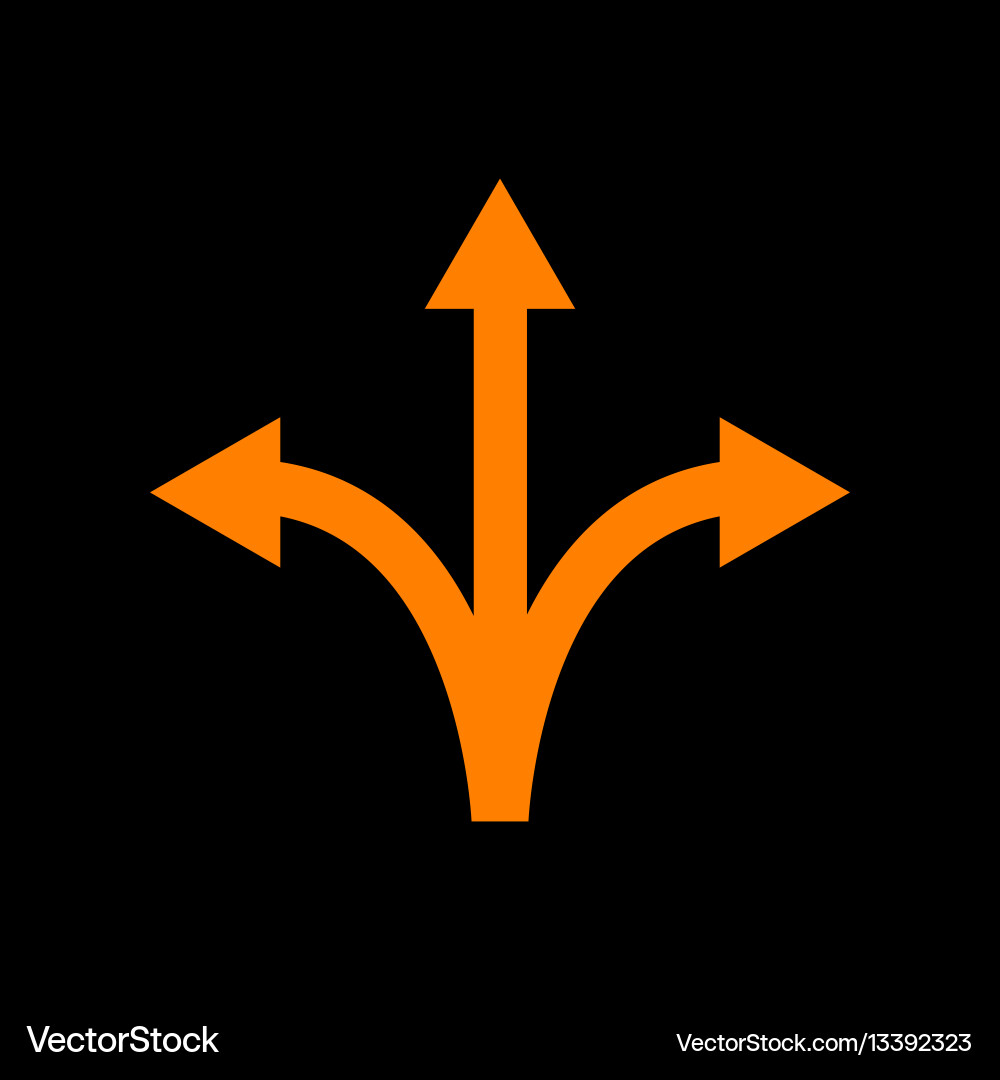 Three-way direction arrow sign orange icon Vector Image
