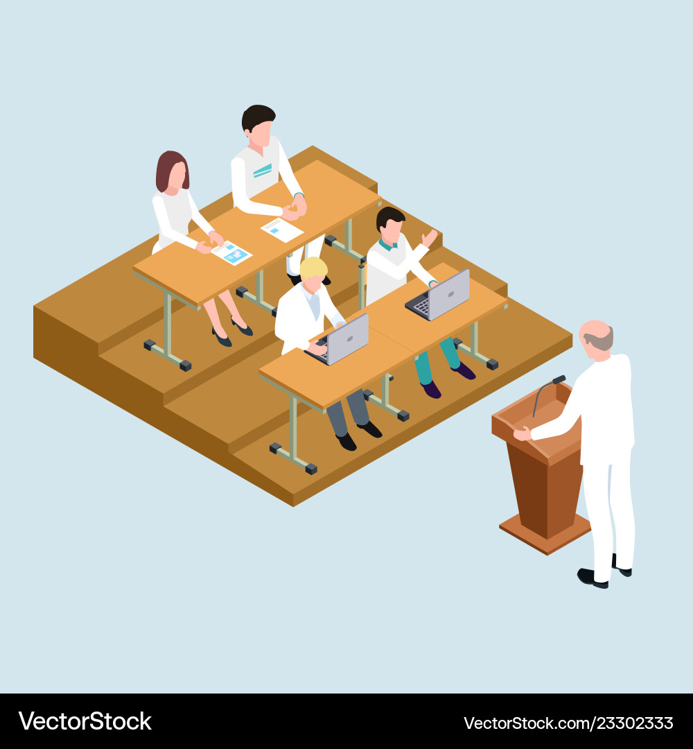 Medical school students and proffessor isometric Vector Image
