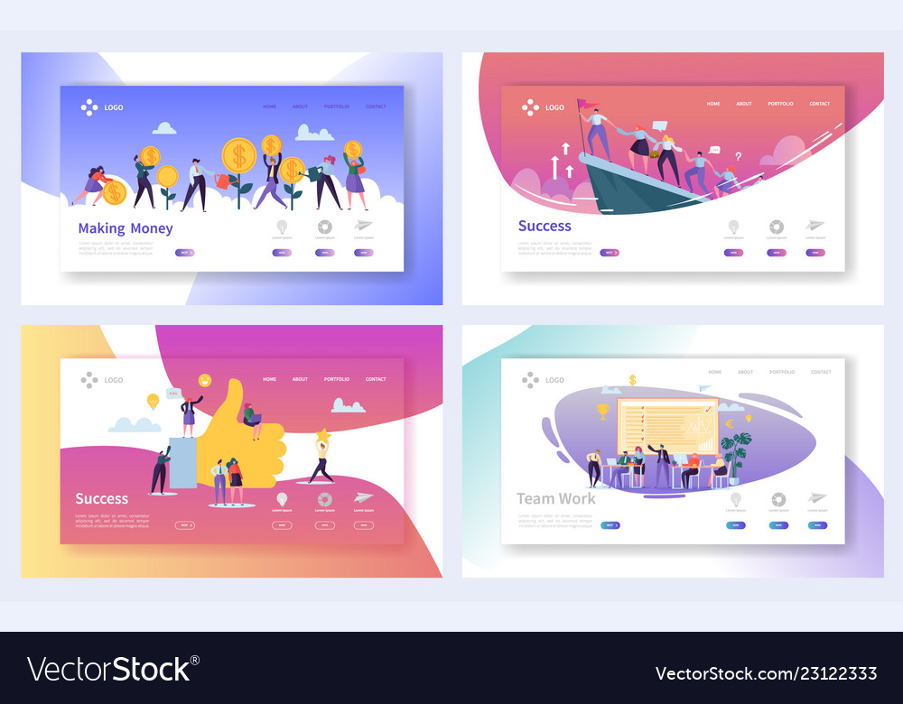 Teamwork business work success landing page set Vector Image