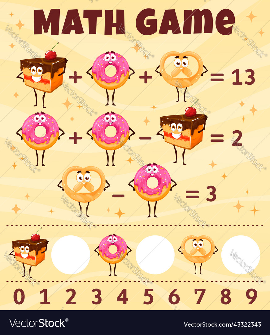 Cartoon dessert and bakery characters math game Vector Image