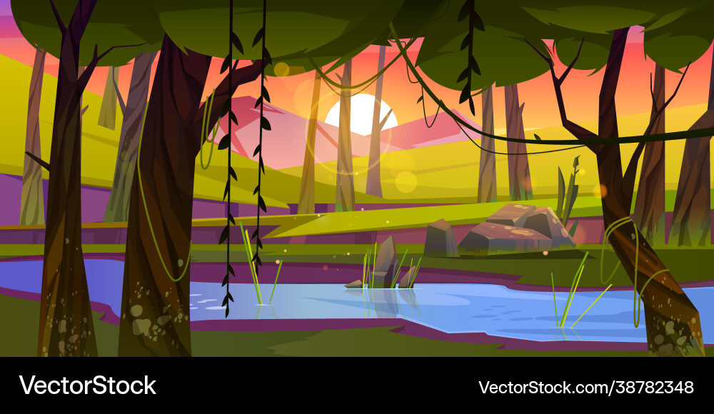 Summer forest with river and mountains at sunset Vector Image