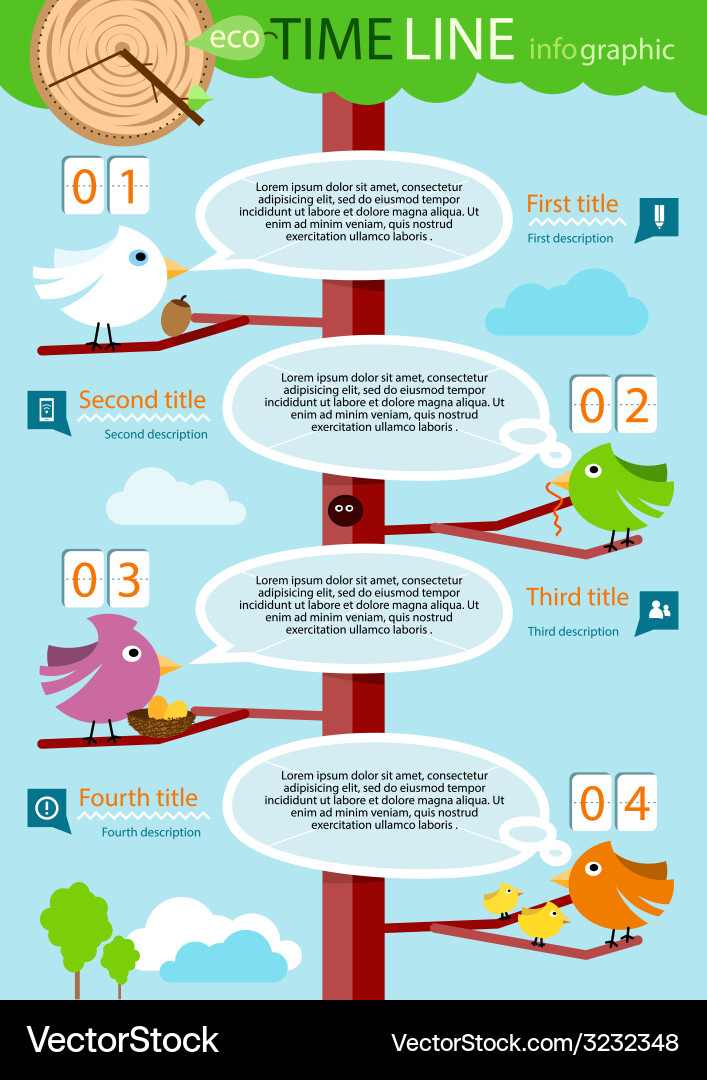 Timeline infographic with colorful birds on tree Vector Image