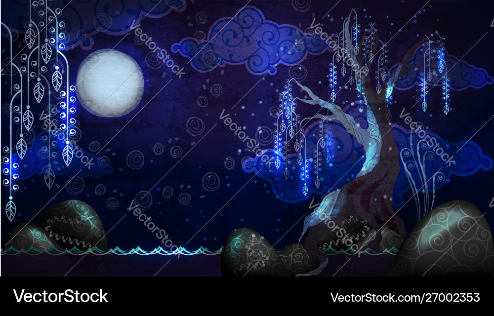 Cartoon seascape with moon and tree Royalty Free Vector