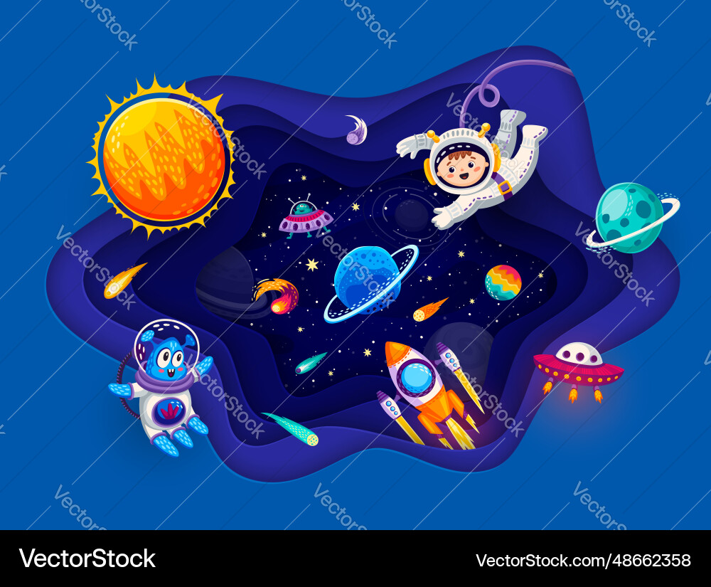 Space paper cut with planets astronaut characters Vector Image