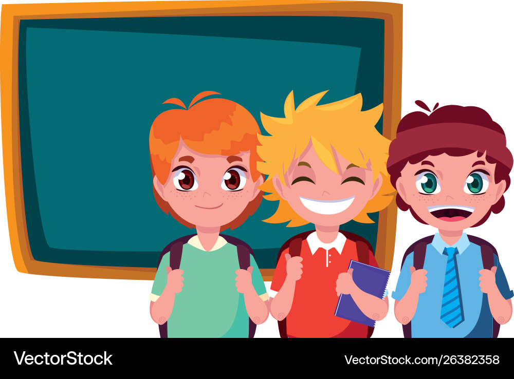 Three school boys with bags chalkboard Royalty Free Vector