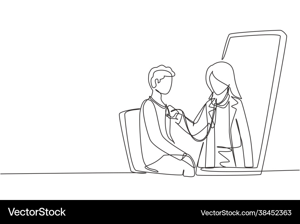 Continuous one line drawing female doctor comes Vector Image