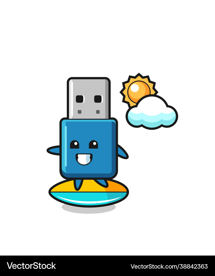 Flash drive usb cartoon do surfing on beach Vector Image