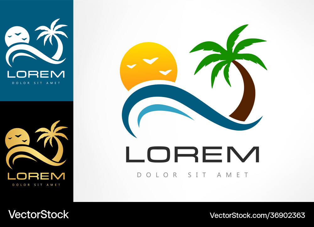 Oasis and beach logo palm tree wave sea Royalty Free Vector