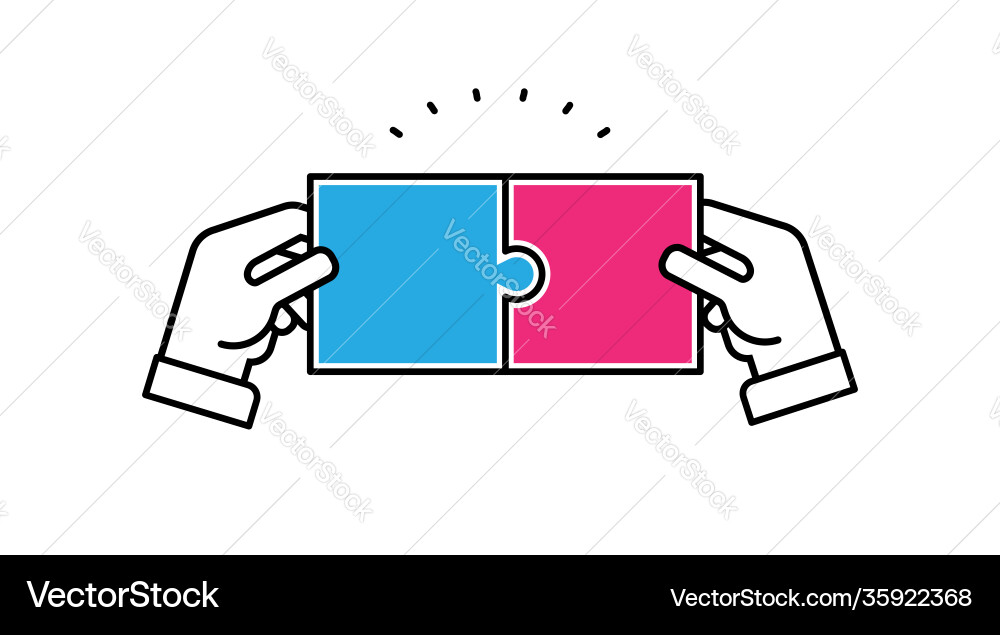 Hands holding two jigsaw puzzle pieces together Vector Image