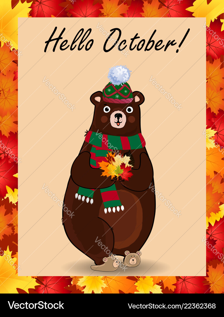 Hello october greeting card with cute bear in hat Vector Image