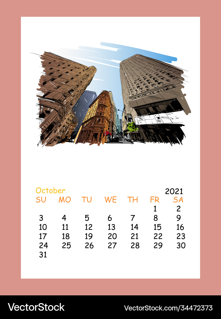 Calendar sheet layout october month 2021 year Vector Image