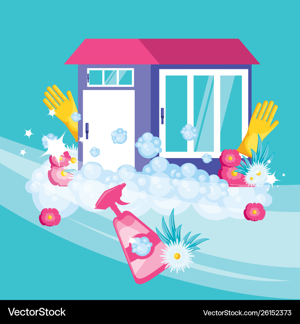 Housekeeping tools with facade home and icons Vector Image