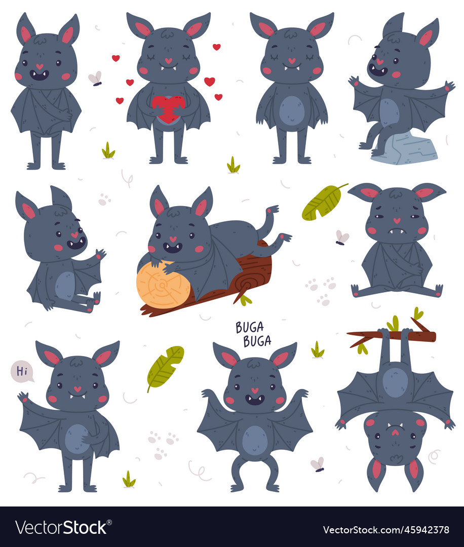 Cute friendly baby bat characters set halloween Vector Image