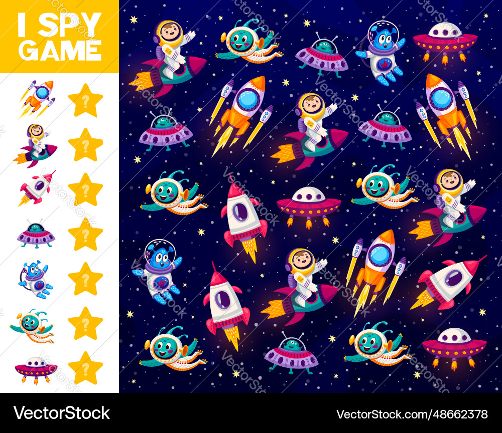 I spy game with space characters in galaxy Vector Image