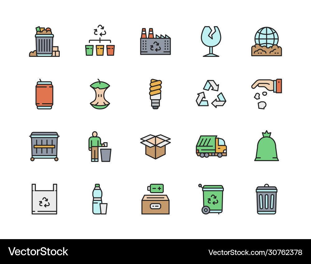 Set garbage flat color line icons waste Royalty Free Vector
