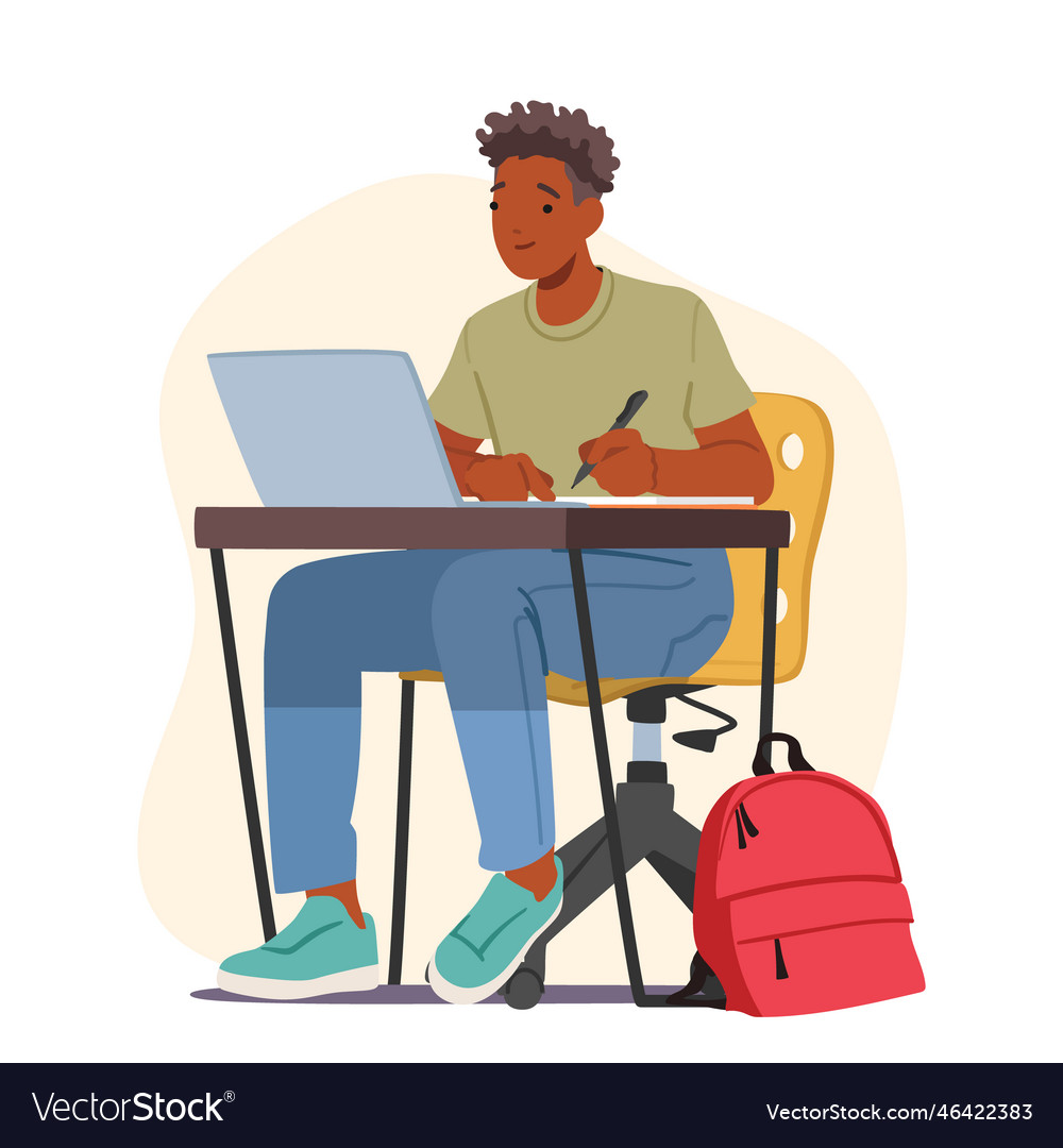 Male student character sitting at desk with laptop