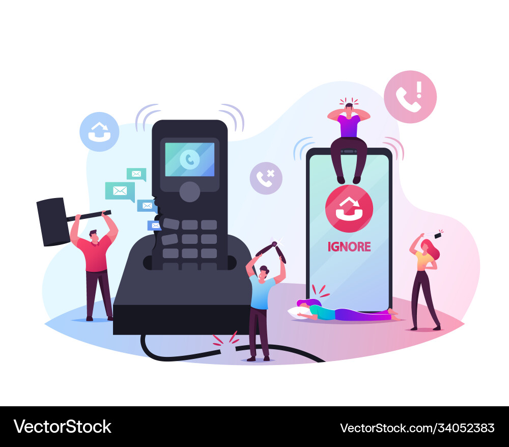 Tiny male characters destroying huge telephone Vector Image