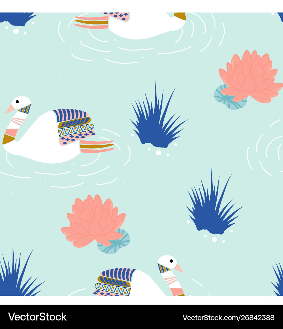Beautiful swans on a lake in a seamless pattern Vector Image