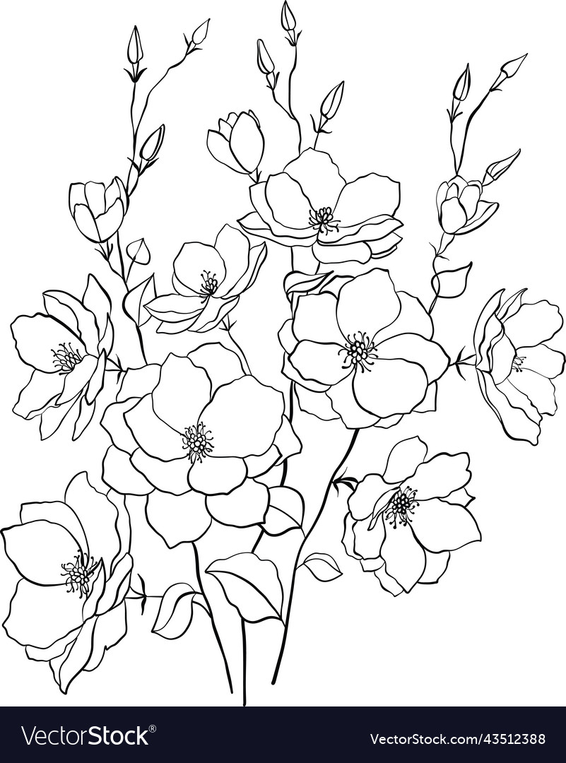 Digital bouquet black and white floral with leaves