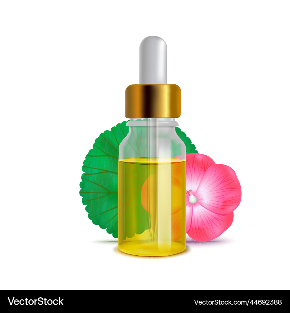 Geranium oil bottle in realistic style Royalty Free Vector