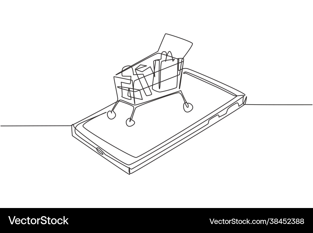 Single one line drawing shopping cart containing Vector Image
