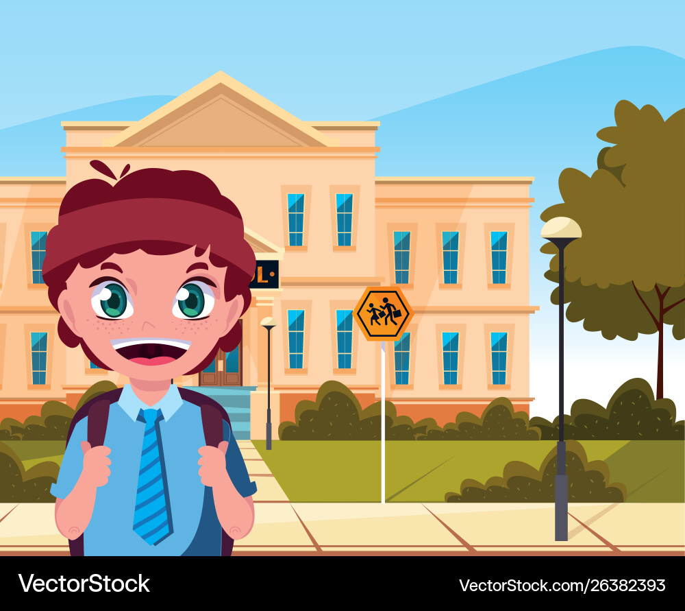Student boy school building street Royalty Free Vector Image