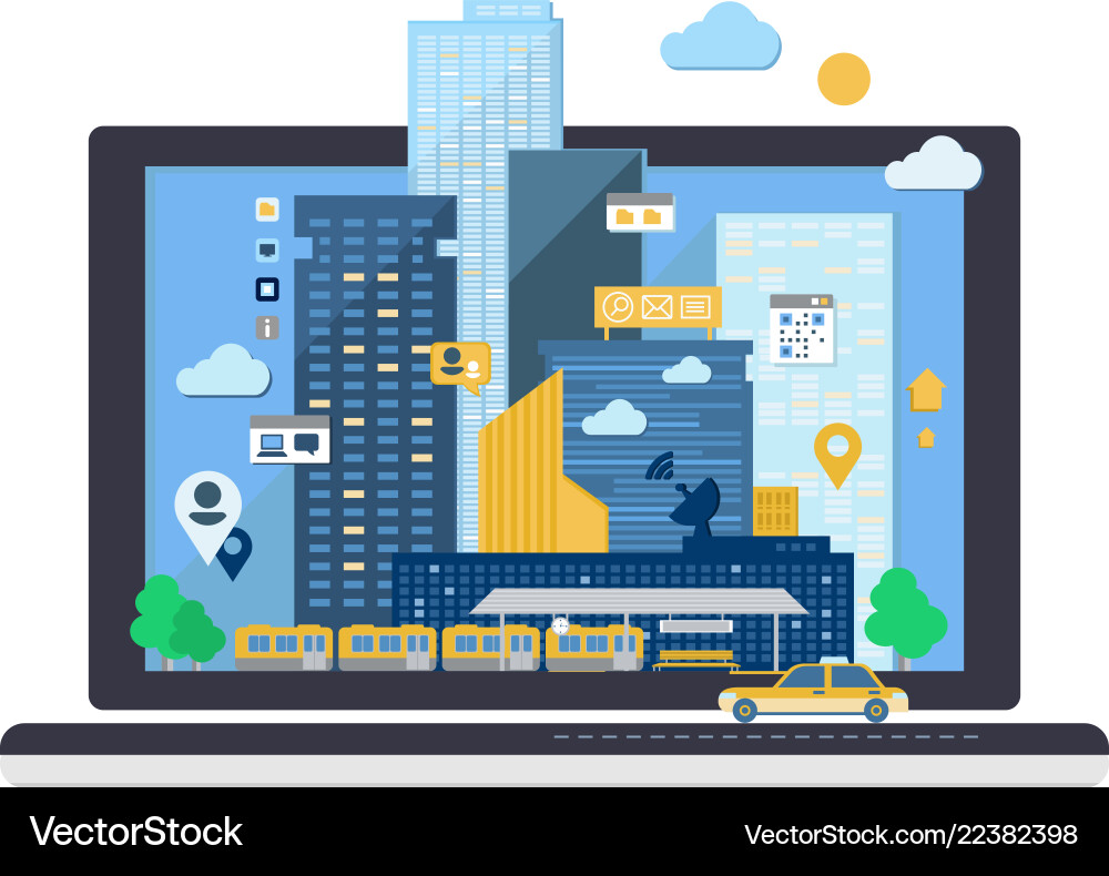City landscape on laptop computer screen Vector Image