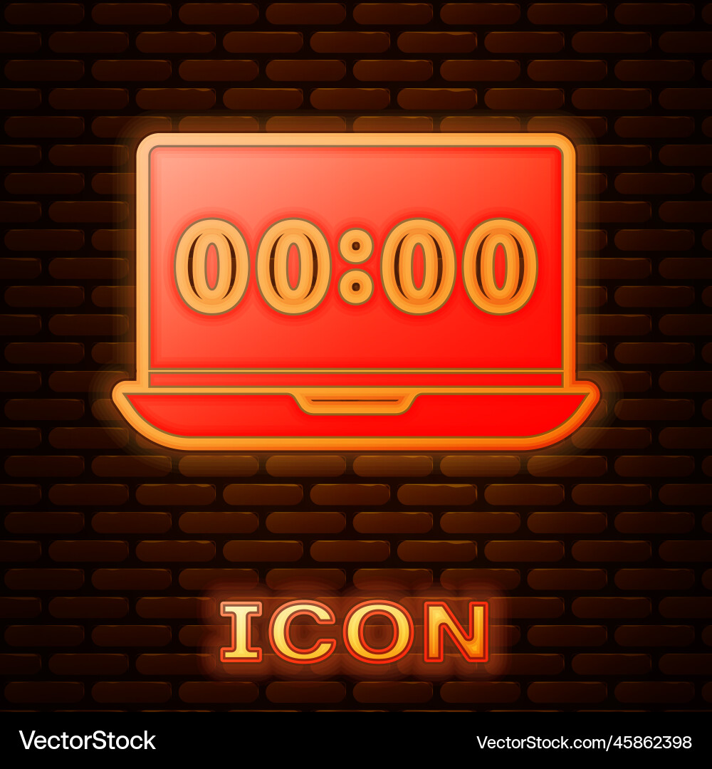 Glowing neon clock on laptop screen icon isolated Vector Image