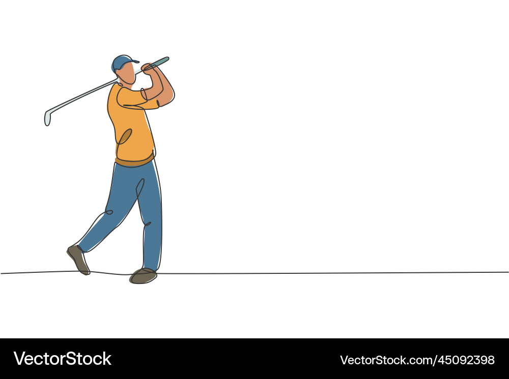 One continuous line drawing of young golf player Vector Image